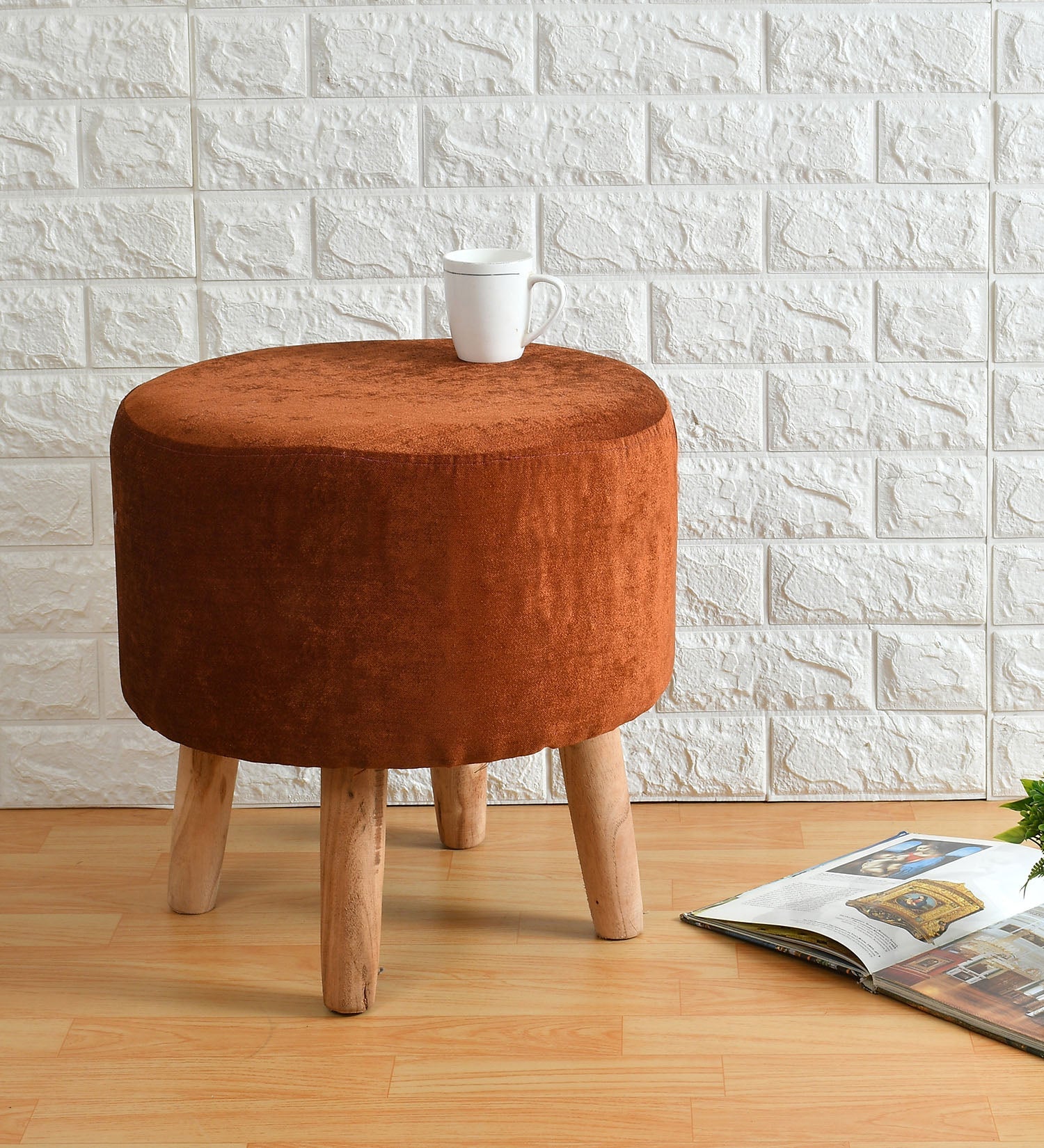 Orange Velvet Wooden Stool – PrestoBazaar